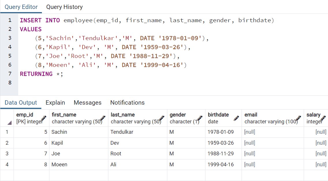 Insert Data into a Table in PostgreSQL